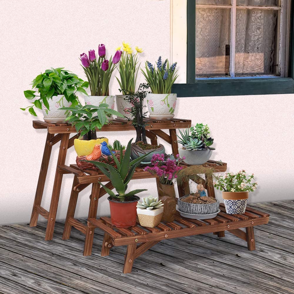 BeautyPanda 3 Tire Teak Wood Plant Stand Indoor, Outdoor Wood Plant St ...